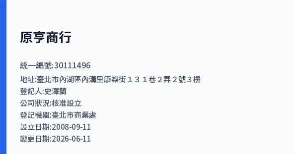原亨商行的照片-統編 30111496(臺北市) 公司登記資料與營業項目詳細圖表