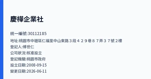 慶樺企業社的照片-統編 30112185(桃園市) 公司登記資料與營業項目詳細圖表