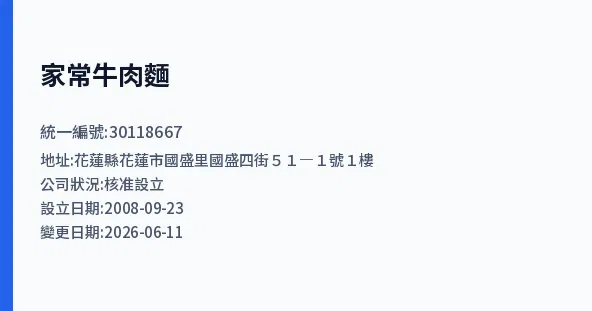家常牛肉麵的照片-統編 30118667(花蓮縣) 公司登記資料與營業項目詳細圖表
