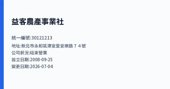 益客農產事業社的照片-統編 30121213(新北市) 公司登記資料與營業項目詳細圖表