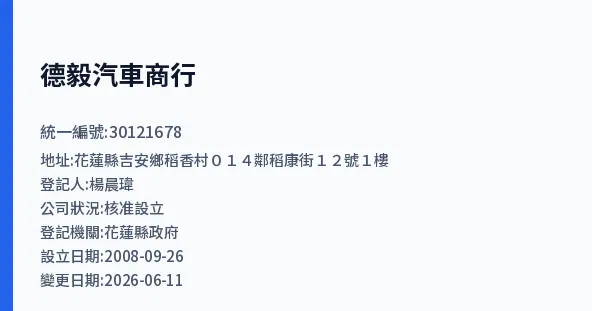 德毅汽車商行的照片-統編 30121678(花蓮縣) 公司登記資料與營業項目詳細圖表
