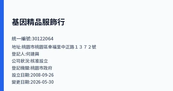基因精品服飾行的照片-統編 30122064(桃園市) 公司登記資料與營業項目詳細圖表