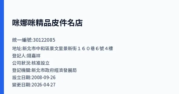 咪娜咪精品皮件名店的照片-統編 30122085(新北市) 公司登記資料與營業項目詳細圖表