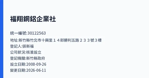 福翔鋼鋁企業社的照片-統編 30122563(新竹縣) 公司登記資料與營業項目詳細圖表