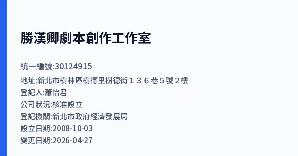 勝漢卿劇本創作工作室的照片-統編 30124915(新北市) 公司登記資料與營業項目詳細圖表
