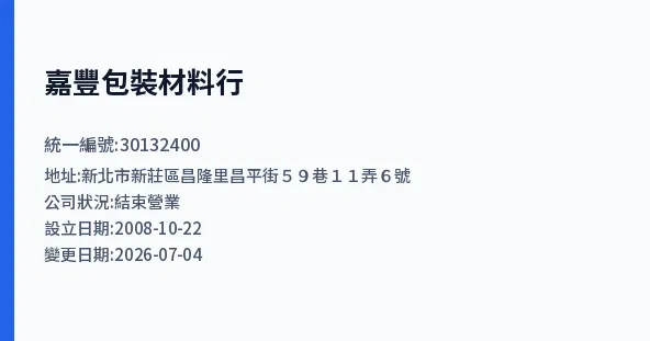 嘉豐包裝材料行的照片-統編 30132400(新北市) 公司登記資料與營業項目詳細圖表