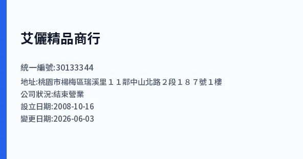 艾儷精品商行的照片-統編 30133344(桃園市) 公司登記資料與營業項目詳細圖表