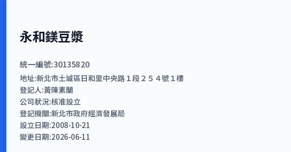 永和鎂豆漿的照片-統編 30135820(新北市) 公司登記資料與營業項目詳細圖表