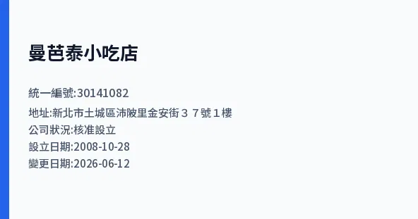 曼芭泰小吃店的照片-統編 30141082(新北市) 公司登記資料與營業項目詳細圖表