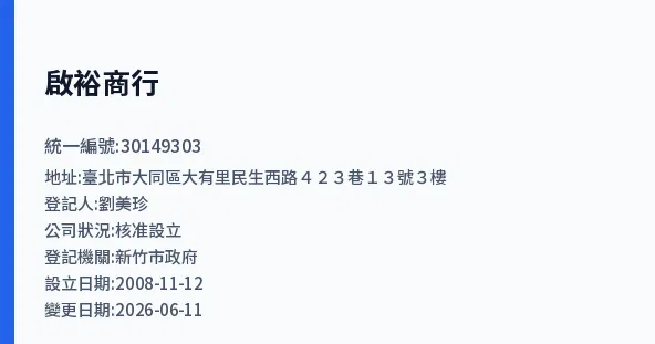 啟裕商行的照片-統編 30149303(臺北市) 公司登記資料與營業項目詳細圖表