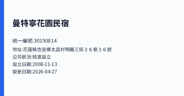 曼特寧花園民宿的照片-統編 30150814(花蓮縣) 公司登記資料與營業項目詳細圖表