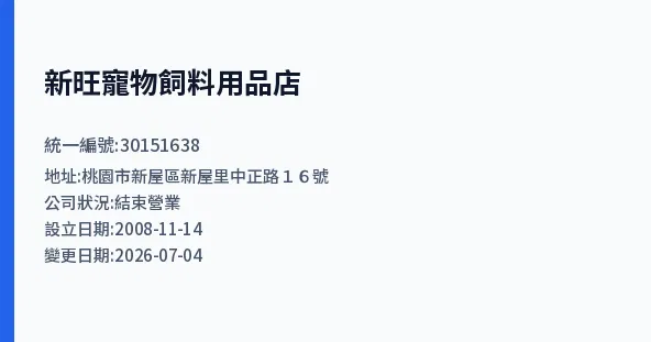 新旺寵物飼料用品店的照片-統編 30151638(桃園市) 公司登記資料與營業項目詳細圖表
