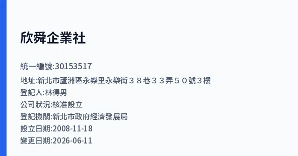 欣舜企業社的照片-統編 30153517(新北市) 公司登記資料與營業項目詳細圖表