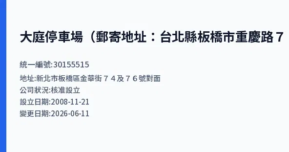 大庭停車場(郵寄地址:台北縣板橋市重慶路77號3樓)的照片-統編 30155515(新北市) 公司登記資料與營業項目詳細圖表