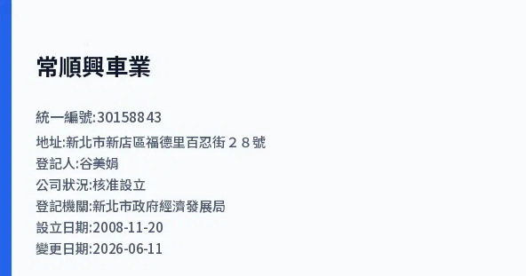 常順興車業的照片-統編 30158843(新北市) 公司登記資料與營業項目詳細圖表