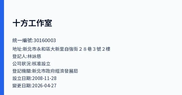 十方工作室的照片-統編 30160003(新北市) 公司登記資料與營業項目詳細圖表