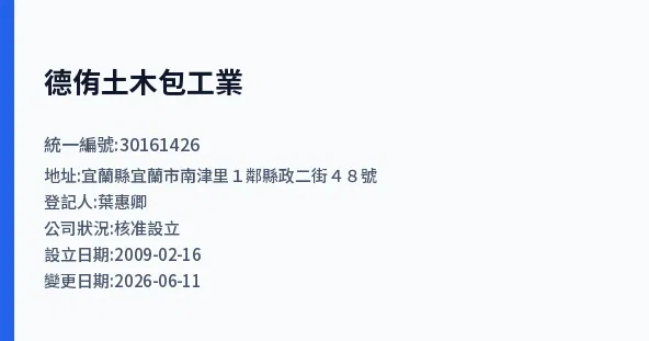 德侑土木包工業的照片-統編 30161426(宜蘭縣) 公司登記資料與營業項目詳細圖表