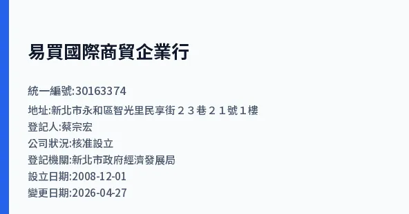 易買國際商貿企業行的照片-統編 30163374(新北市) 公司登記資料與營業項目詳細圖表