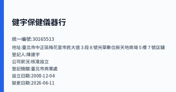 健宇保健儀器行的照片-統編 30165513(臺北市) 公司登記資料與營業項目詳細圖表