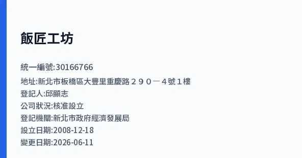 飯匠工坊的照片-統編 30166766(新北市) 公司登記資料與營業項目詳細圖表