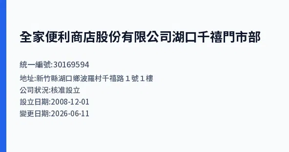全家便利商店股份有限公司湖口千禧門市部的照片-統編 30169594(新竹縣) 公司登記資料與營業項目詳細圖表