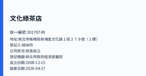 文化綠茶店的照片-統編 30170749(新北市) 公司登記資料與營業項目詳細圖表