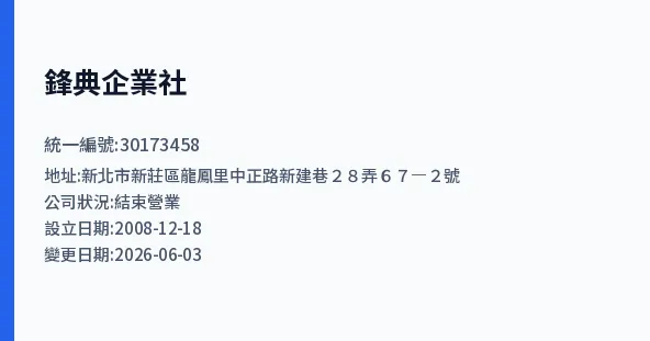 鋒典企業社的照片-統編 30173458(新北市) 公司登記資料與營業項目詳細圖表