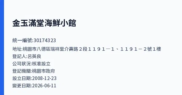 金玉滿堂海鮮小館的照片-統編 30174323(桃園市) 公司登記資料與營業項目詳細圖表