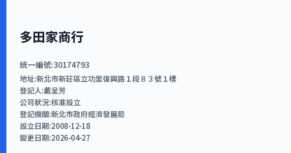 多田家商行的照片-統編 30174793(新北市) 公司登記資料與營業項目詳細圖表