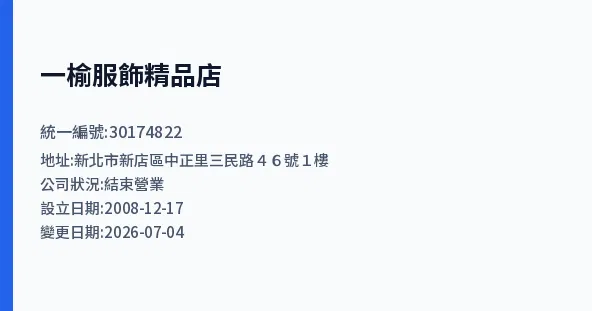 一榆服飾精品店的照片-統編 30174822(新北市) 公司登記資料與營業項目詳細圖表