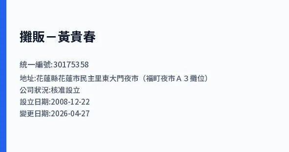 攤販-黃貴春的照片-統編 30175358(花蓮縣) 公司登記資料與營業項目詳細圖表