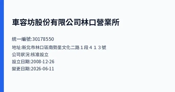 車容坊股份有限公司林口營業所的照片-統編 30178550(新北市) 公司登記資料與營業項目詳細圖表