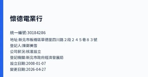 懷德電業行的照片-統編 30184286(新北市) 公司登記資料與營業項目詳細圖表
