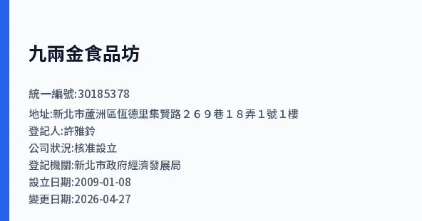 九兩金食品坊的照片-統編 30185378(新北市) 公司登記資料與營業項目詳細圖表