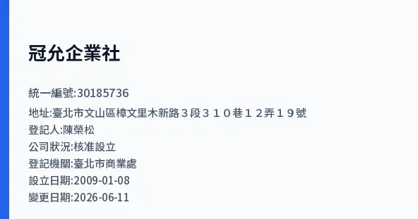 冠允企業社的照片-統編 30185736(臺北市) 公司登記資料與營業項目詳細圖表