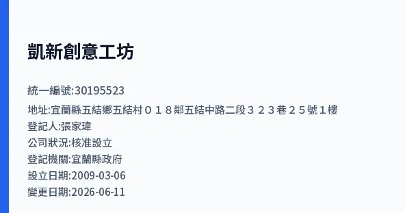 凱新創意工坊的照片-統編 30195523(宜蘭縣) 公司登記資料與營業項目詳細圖表