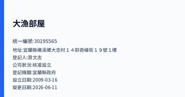 大漁部屋的照片-統編 30195565(宜蘭縣) 公司登記資料與營業項目詳細圖表