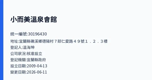 小而美溫泉會館的照片-統編 30196430(宜蘭縣) 公司登記資料與營業項目詳細圖表