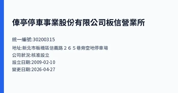 俥亭停車事業股份有限公司板信營業所的照片-統編 30200315(新北市) 公司登記資料與營業項目詳細圖表