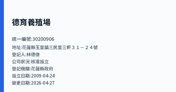 德育養殖場的照片-統編 30200906(花蓮縣) 公司登記資料與營業項目詳細圖表