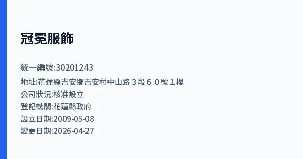 冠冕服飾的照片-統編 30201243(花蓮縣) 公司登記資料與營業項目詳細圖表