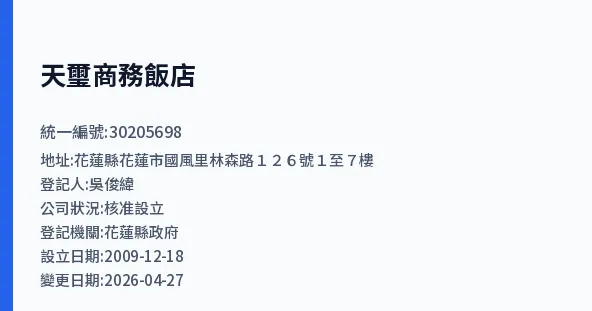 天璽商務飯店的照片-統編 30205698(花蓮縣) 公司登記資料與營業項目詳細圖表