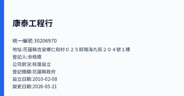 康泰工程行的照片-統編 30206970(花蓮縣) 公司登記資料與營業項目詳細圖表