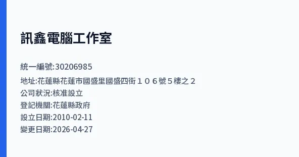 訊鑫電腦工作室的照片-統編 30206985(花蓮縣) 公司登記資料與營業項目詳細圖表