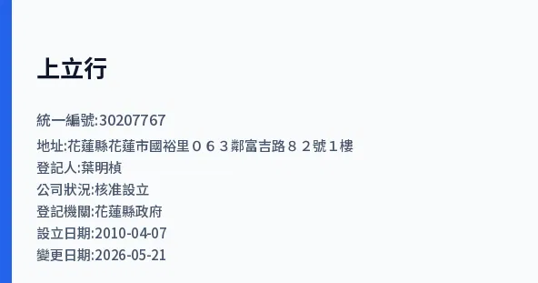 上立行的照片-統編 30207767(花蓮縣) 公司登記資料與營業項目詳細圖表