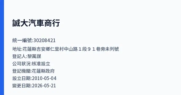 誠大汽車商行的照片-統編 30208421(花蓮縣) 公司登記資料與營業項目詳細圖表