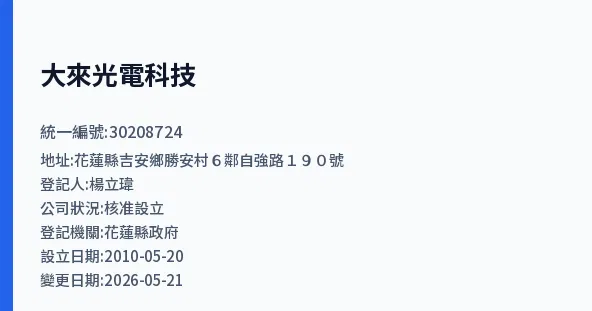 大來光電科技的照片-統編 30208724(花蓮縣) 公司登記資料與營業項目詳細圖表