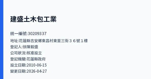 建盛土木包工業的照片-統編 30209337(花蓮縣) 公司登記資料與營業項目詳細圖表