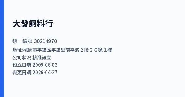 大發飼料行的照片-統編 30214970(桃園市) 公司登記資料與營業項目詳細圖表