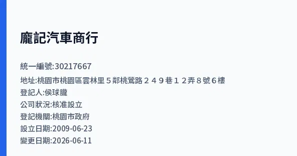 龐記汽車商行的照片-統編 30217667(桃園市) 公司登記資料與營業項目詳細圖表